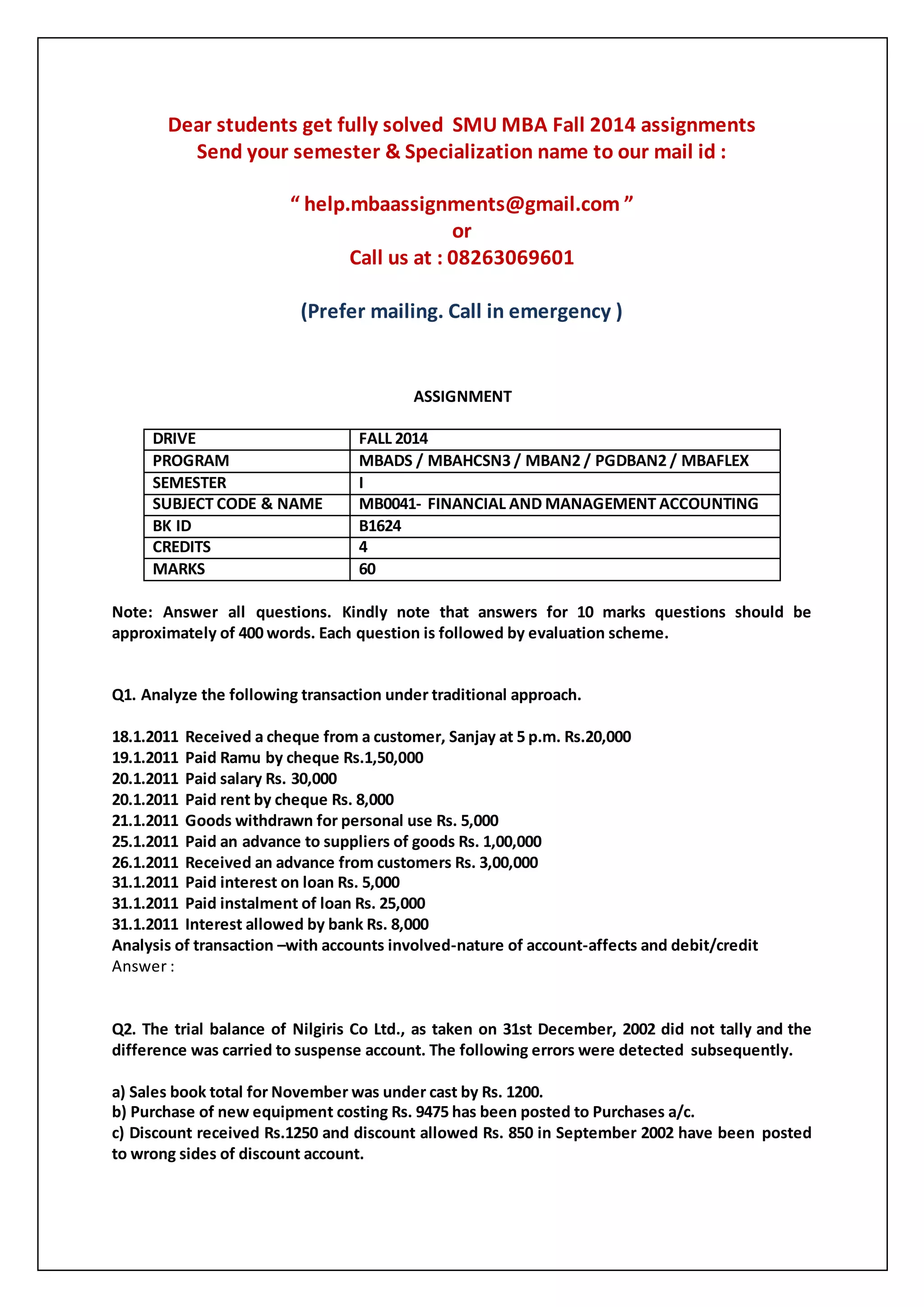 Mb0041 financial and management accounting | DOCX