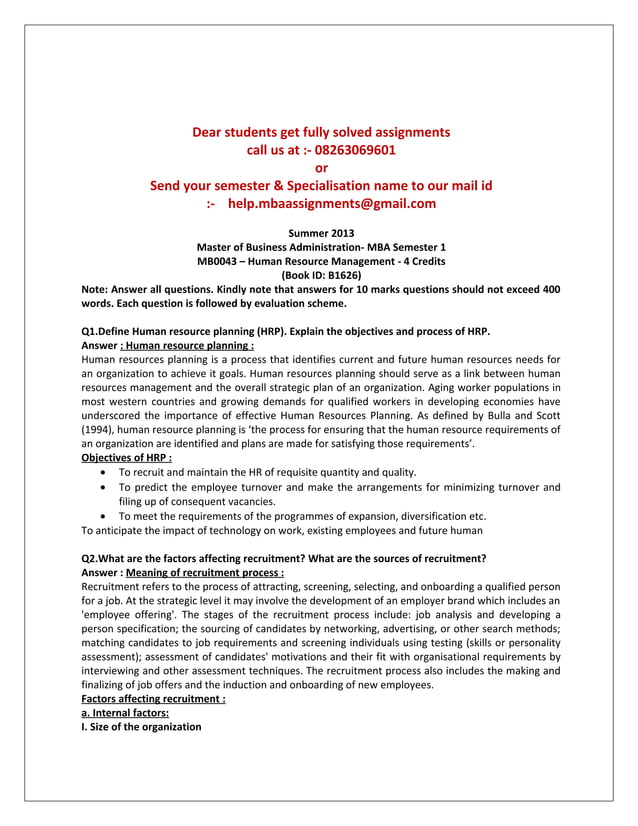 Mb0043 human resource management | DOC | Human Resources | Business