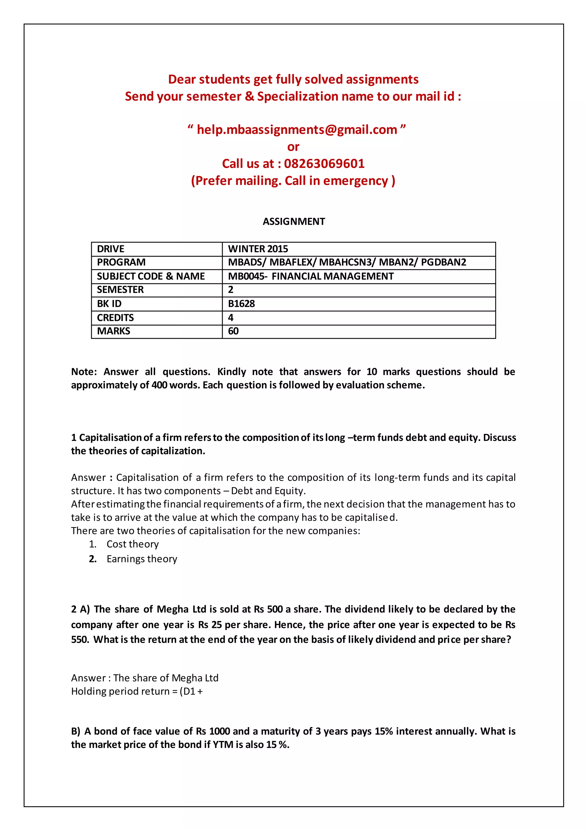 Mb0045 financial management | DOCX