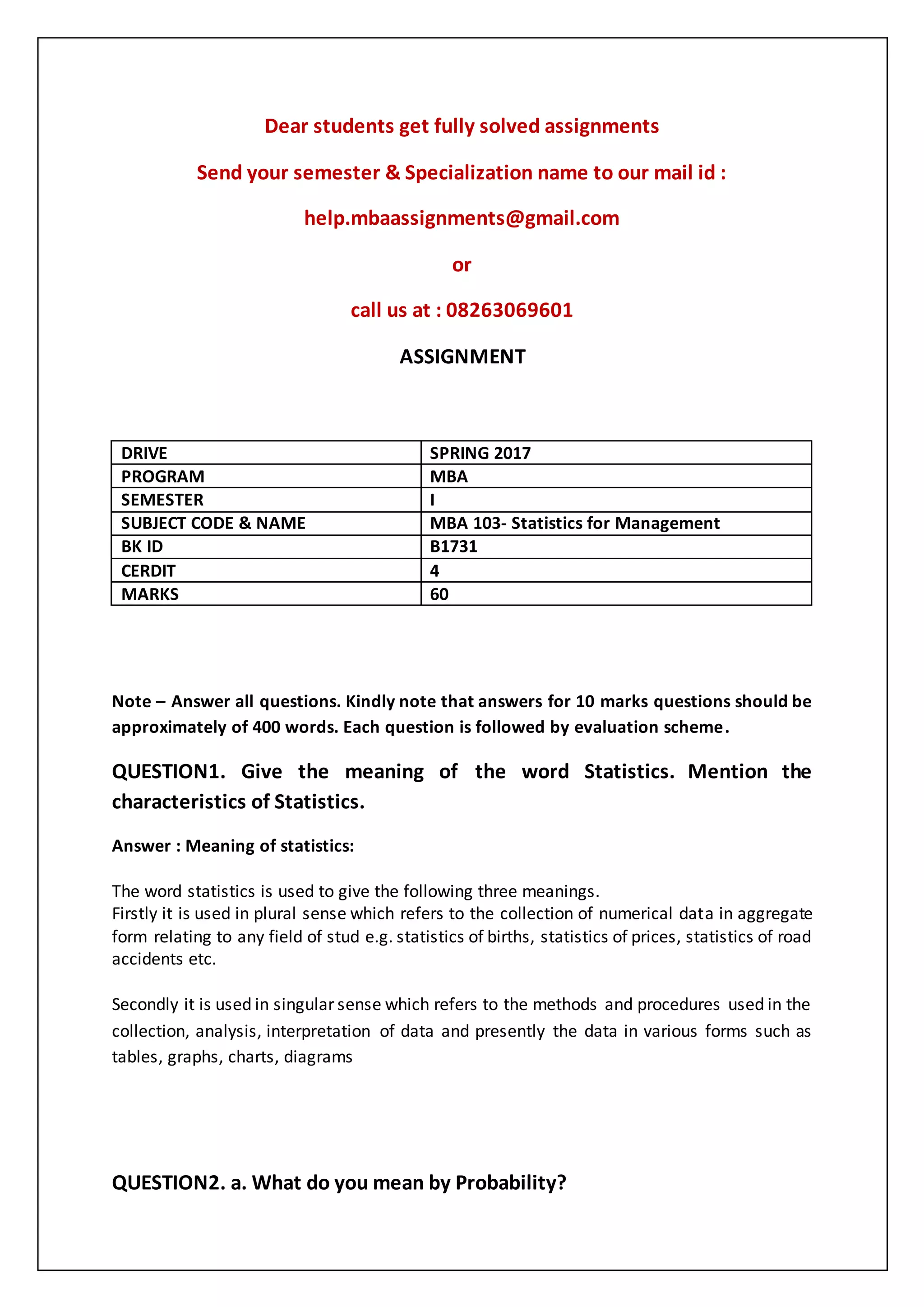 Mba103 statistics for management | DOCX