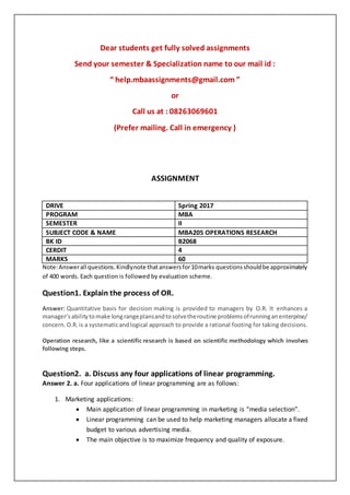 Mba205 operations research | PDF