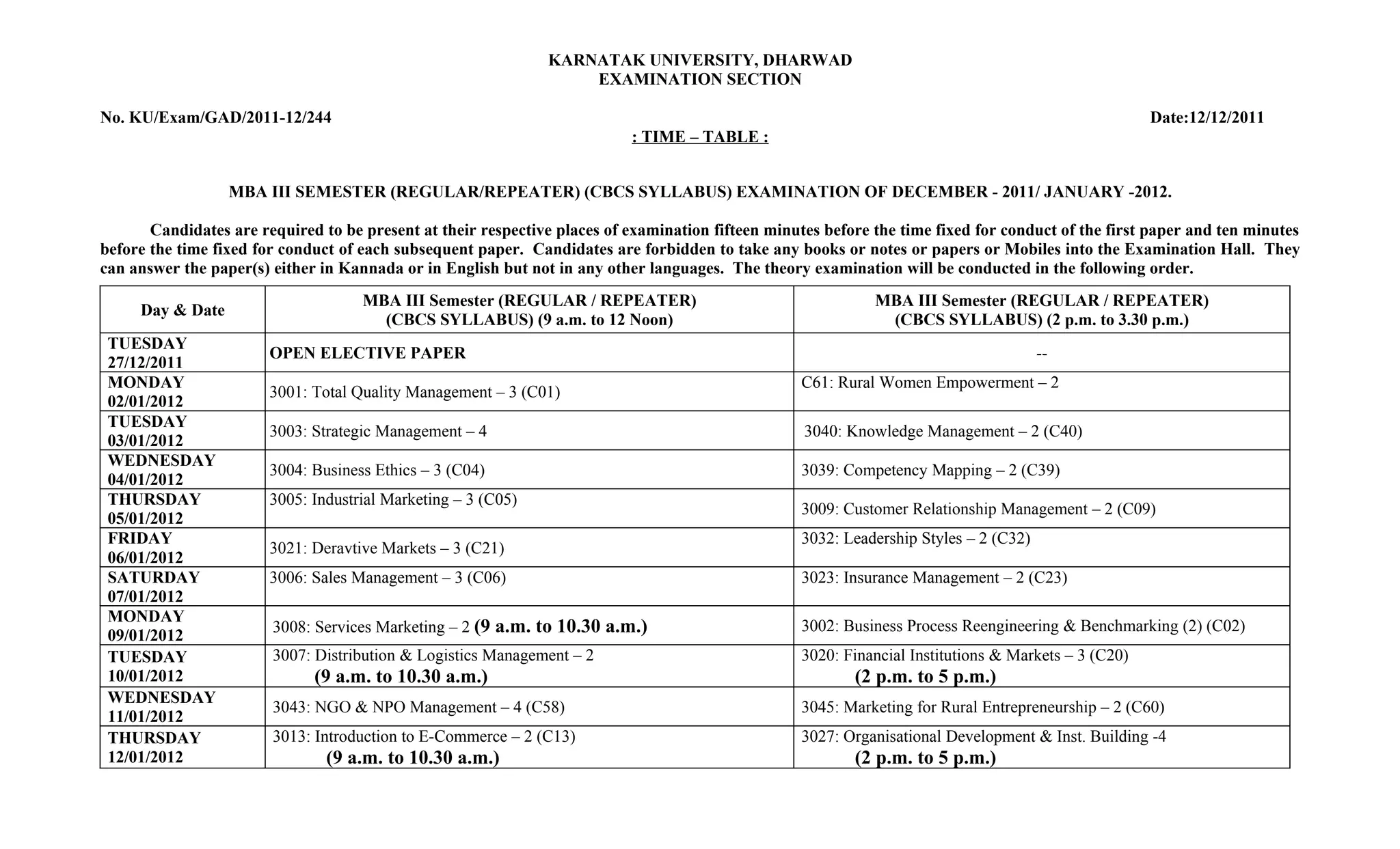 Mba 3rd sem time table | DOC