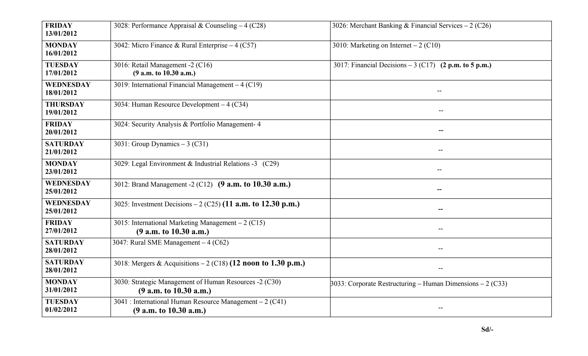 Mba 3rd sem time table | DOC