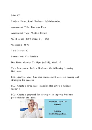 MBA602Subject Name Small Business AdministrationAssessment | DOCX