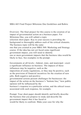 MBA 665 Final Project Milestone One Guidelines and Rubric .docx