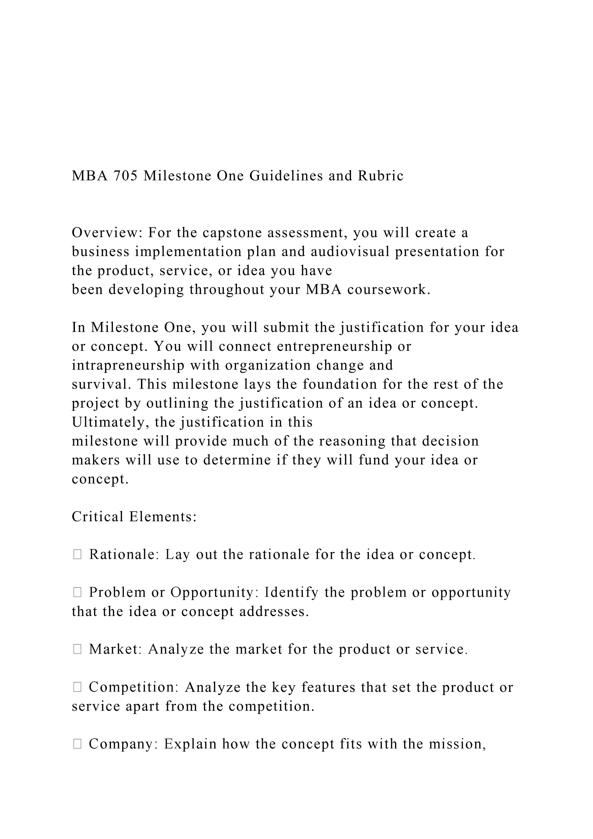 MBA 705 Milestone One Guidelines and Rubric Overview.docx | Business | Business and Finance