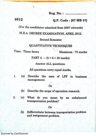 QUANTITATIVE TECHNIQUES QUESTION PAPER MBA apl 12 | PDF