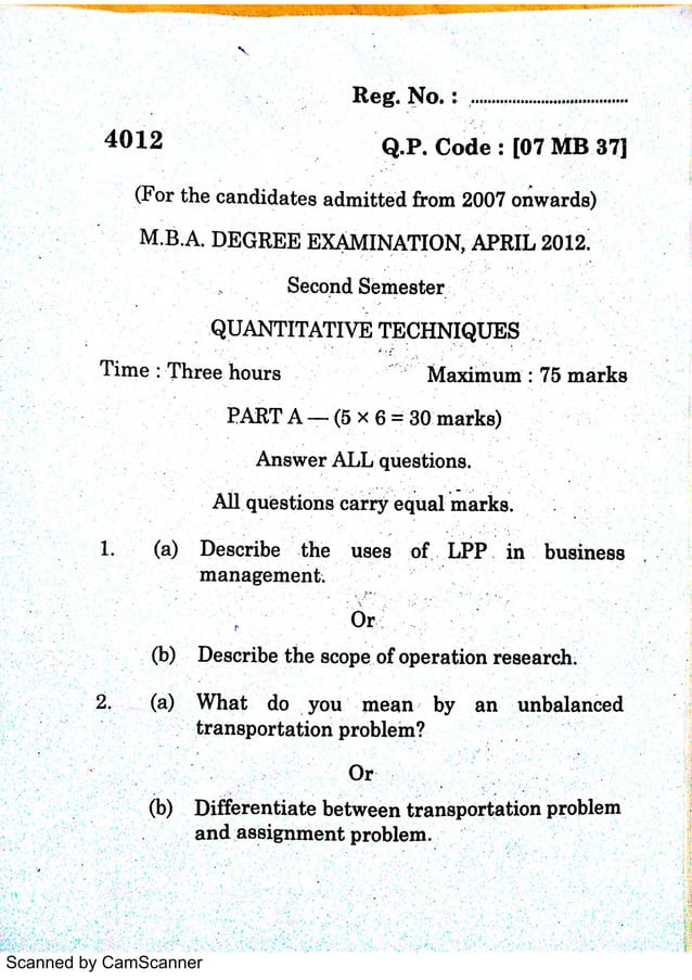 QUANTITATIVE TECHNIQUES QUESTION PAPER MBA apl 12 | PDF