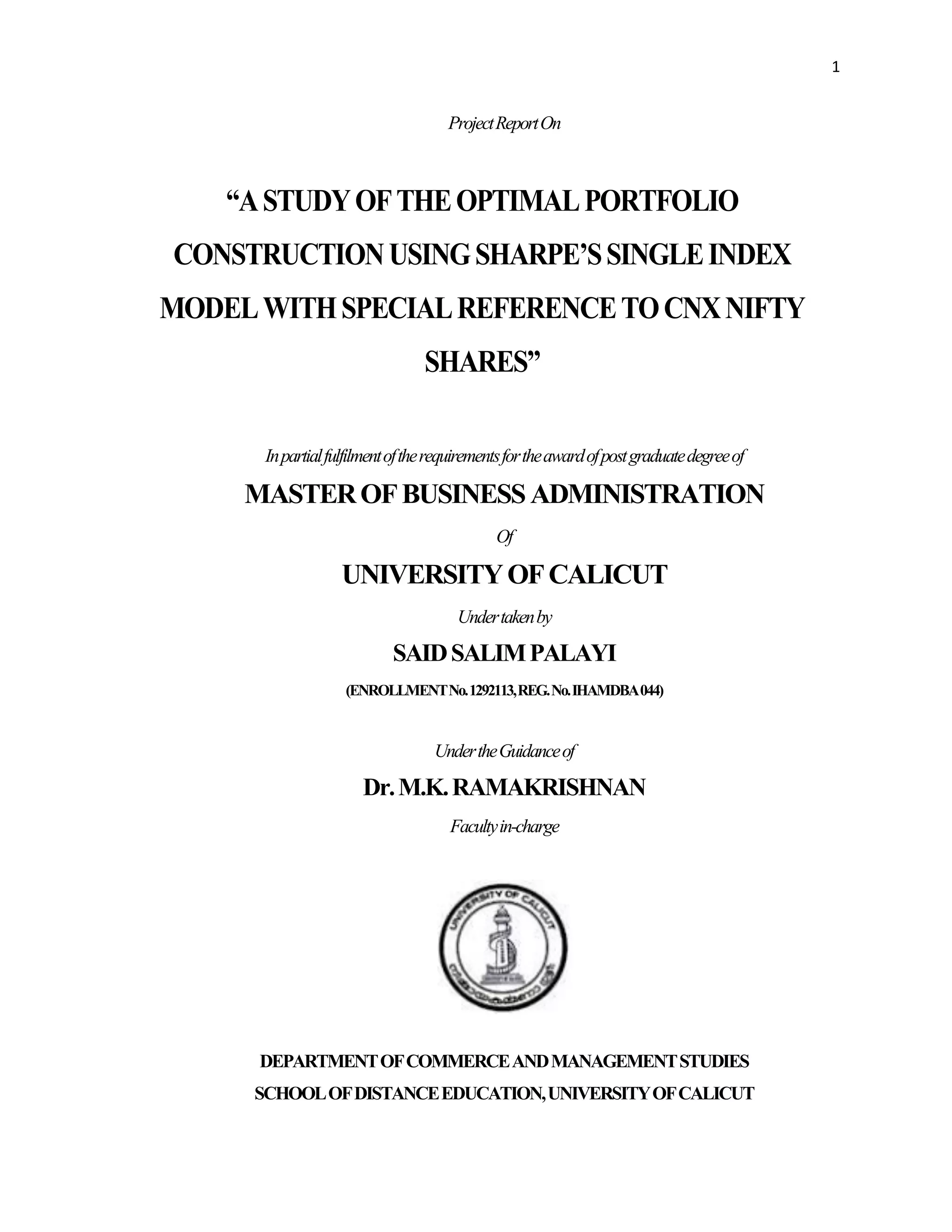 Mba finance project_sharpes_single_index_model_project_report_final_ | PDF