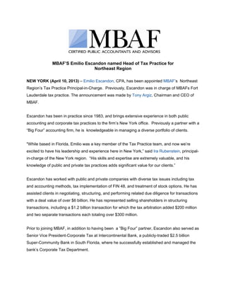 MBAF'S Emilio Escandon named Head of Tax Practice for Northeast Region ...
