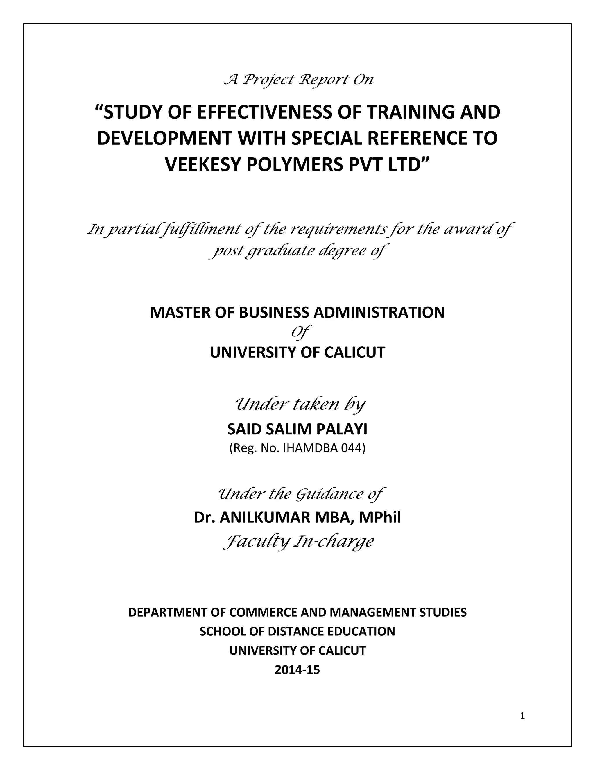 MBA HR PROJECT REPORT ON TRAINING AND DEVELOPMENT | PDF
