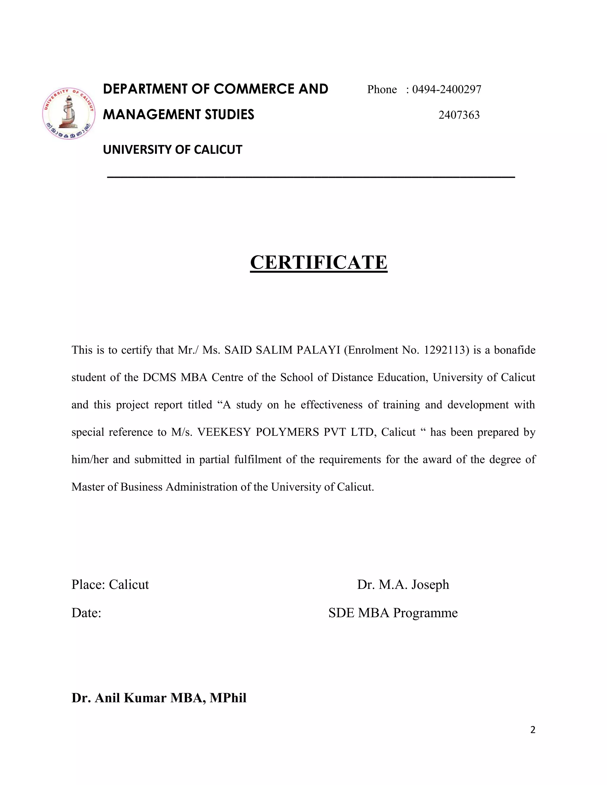 MBA HR PROJECT REPORT ON TRAINING AND DEVELOPMENT | PDF