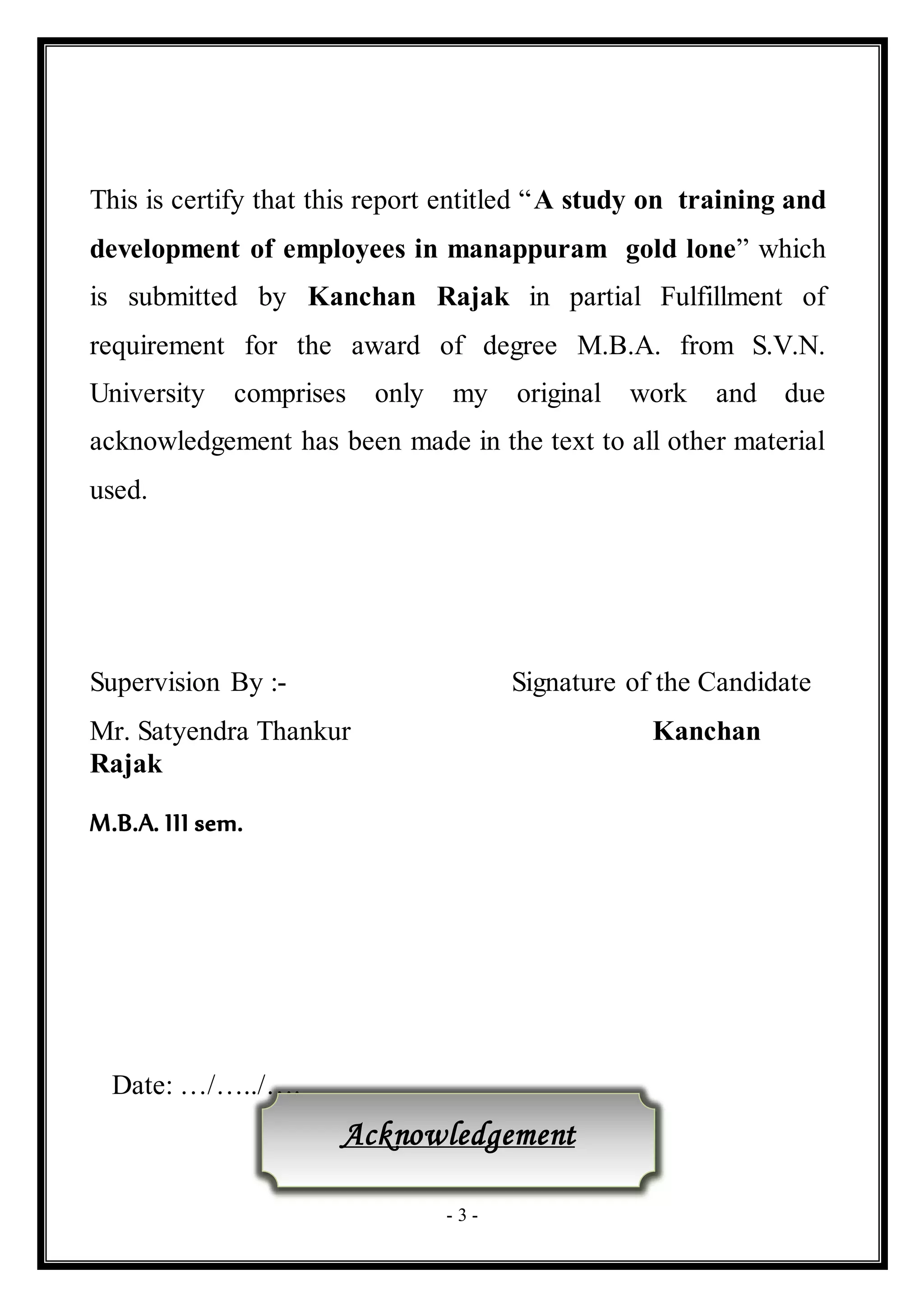 Mba project on manappuram gold loan | DOCX