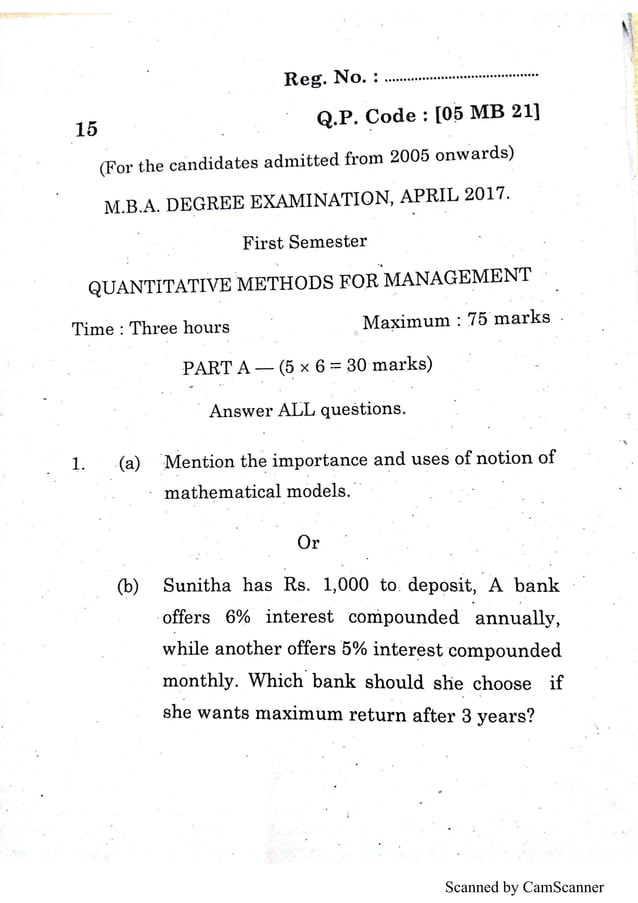 Bharathiar University - MBA Question Paper - Quantitative Methods for ...