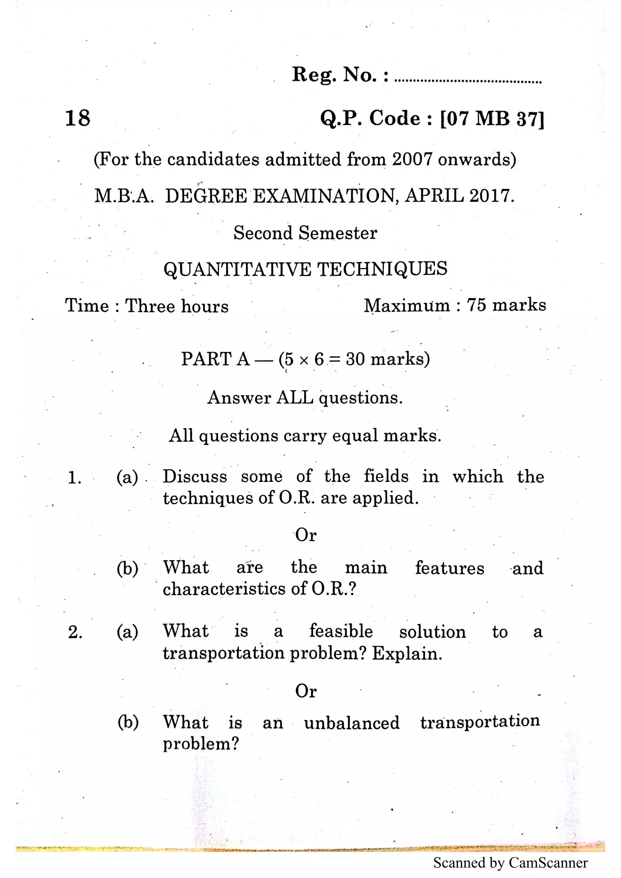 Bharathiar University - MBA Question Paper - Quantitative Techniques ...