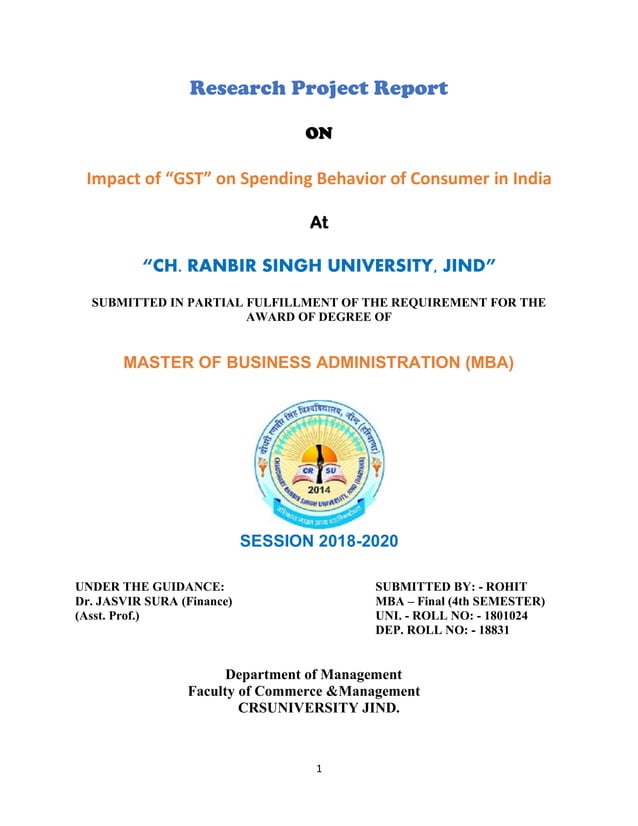 MBA Research Project Report on GST - Title as "Impact of GST on ...