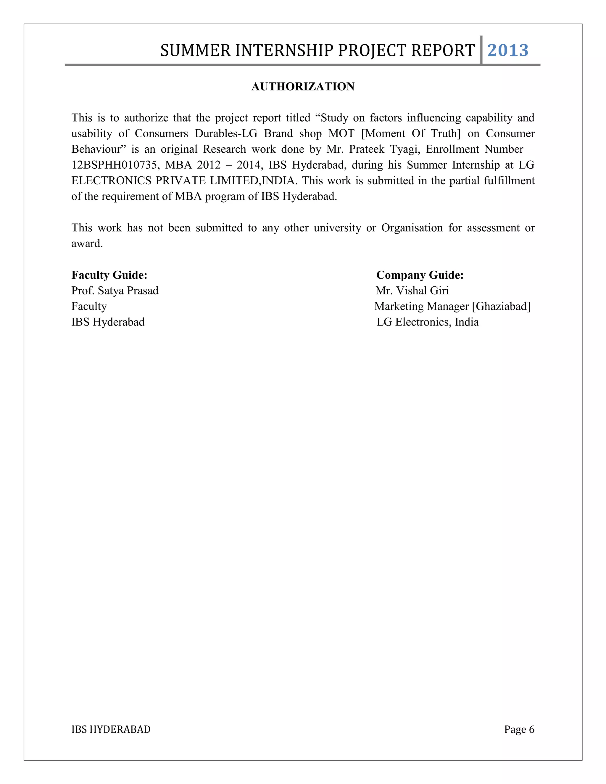 MBA Summer Internship Project Report | PDF