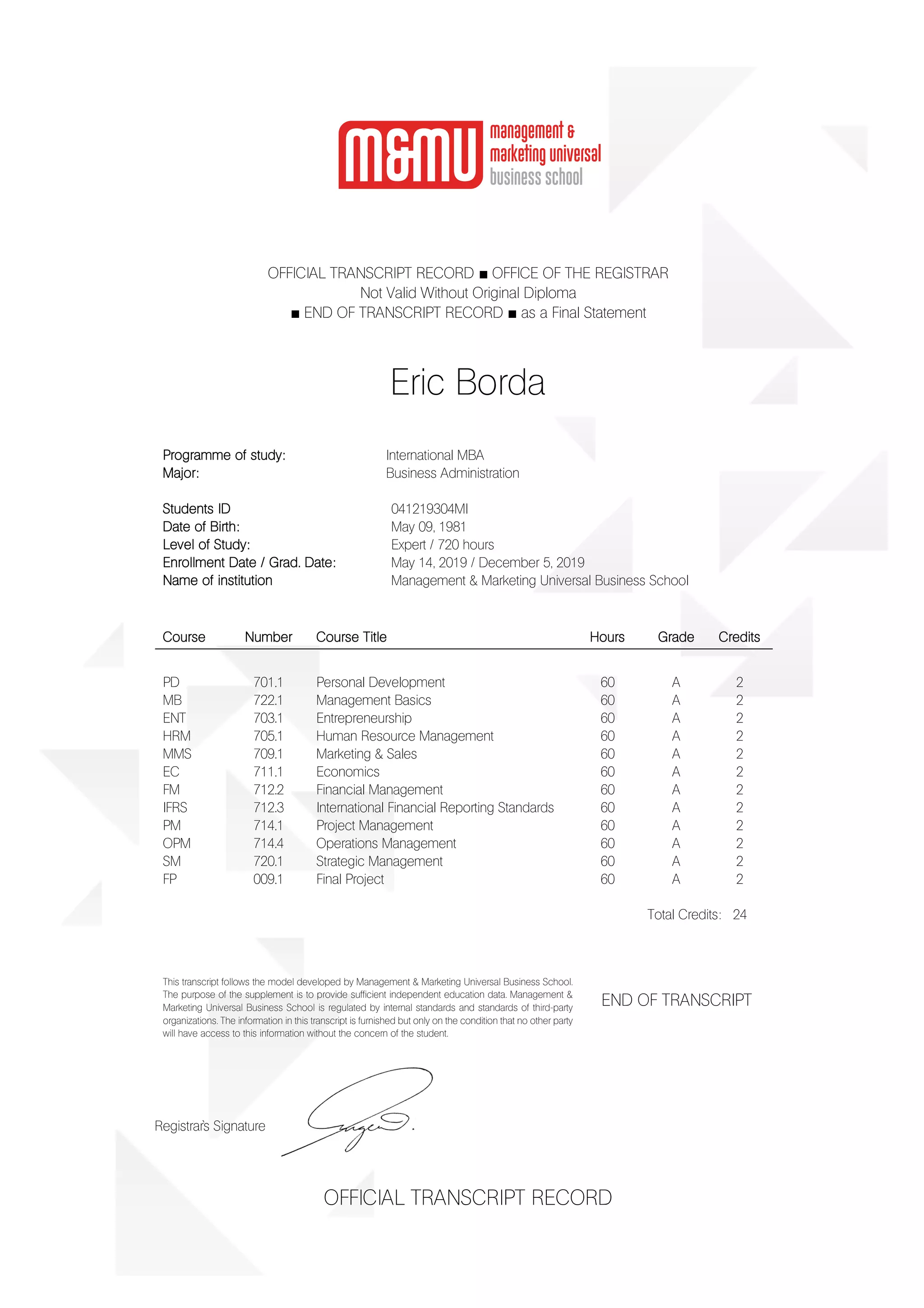 Mba transcript | PDF