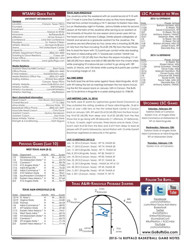 WT Men's Basketball Game Notes (2-6-16)