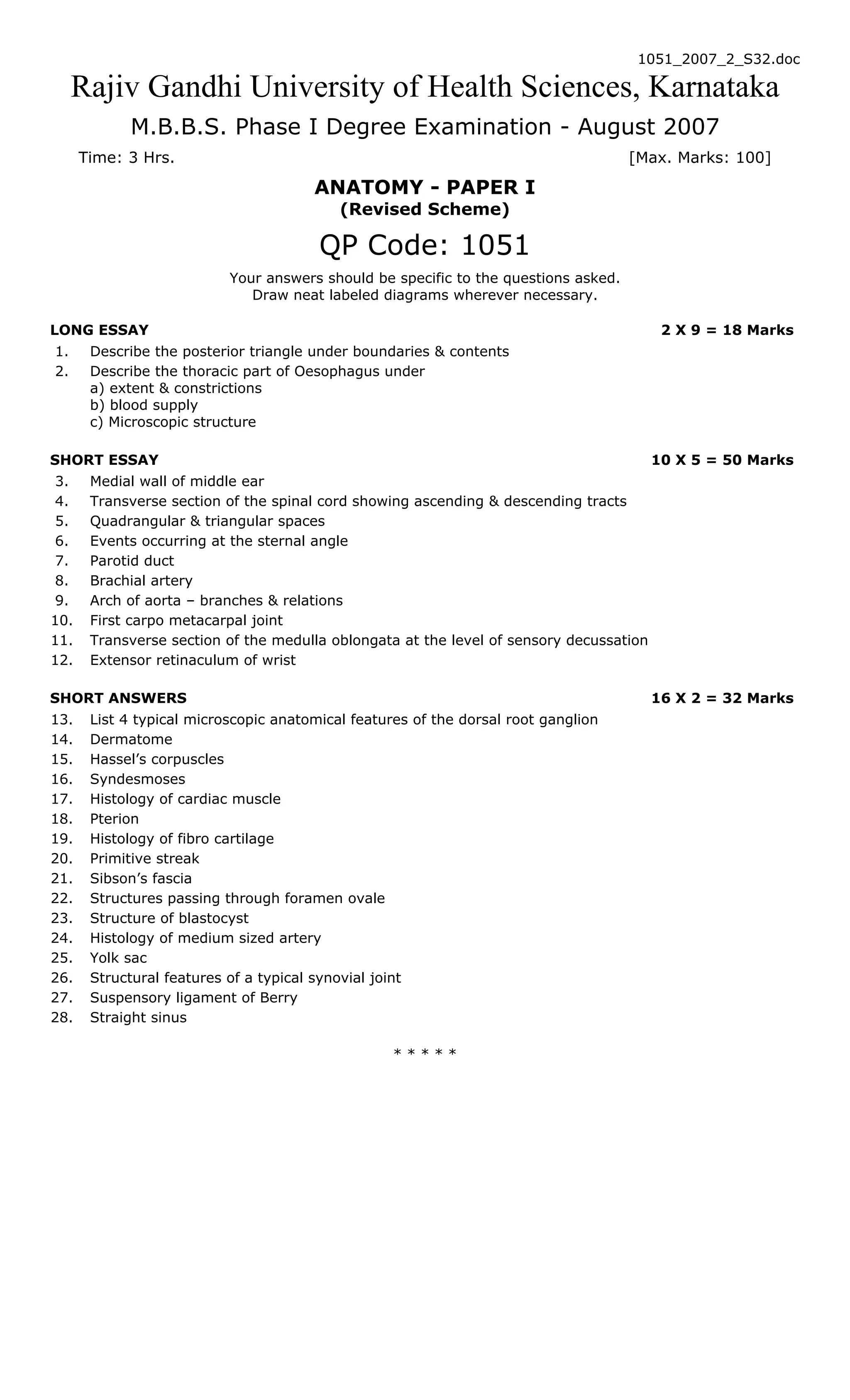 MBBS 1yr 2007 Aug R question paper which is a great use | PDF