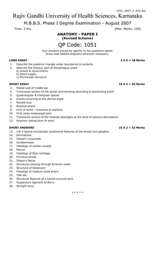 MBBS 1yr 2007 Aug R question paper which is a great use | PDF