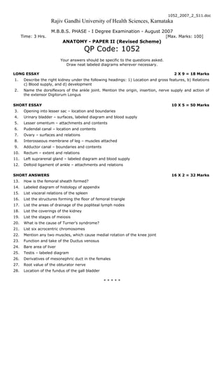 MBBS 1yr 2007 Aug R question paper which is a great use | PDF