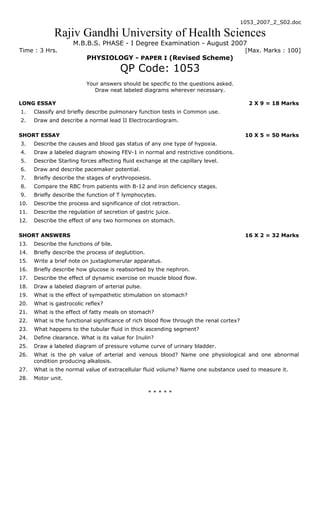 MBBS 1yr 2007 Aug R question paper which is a great use | PDF