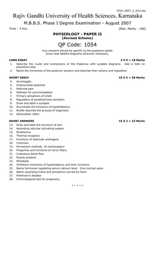 MBBS 1yr 2007 Aug R question paper which is a great use | PDF