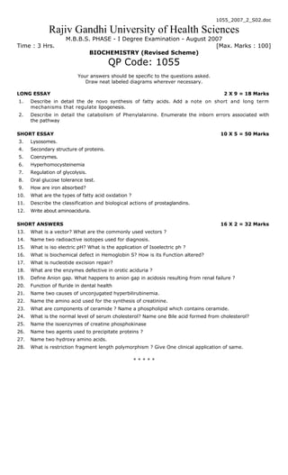 MBBS 1yr 2007 Aug R question paper which is a great use | PDF