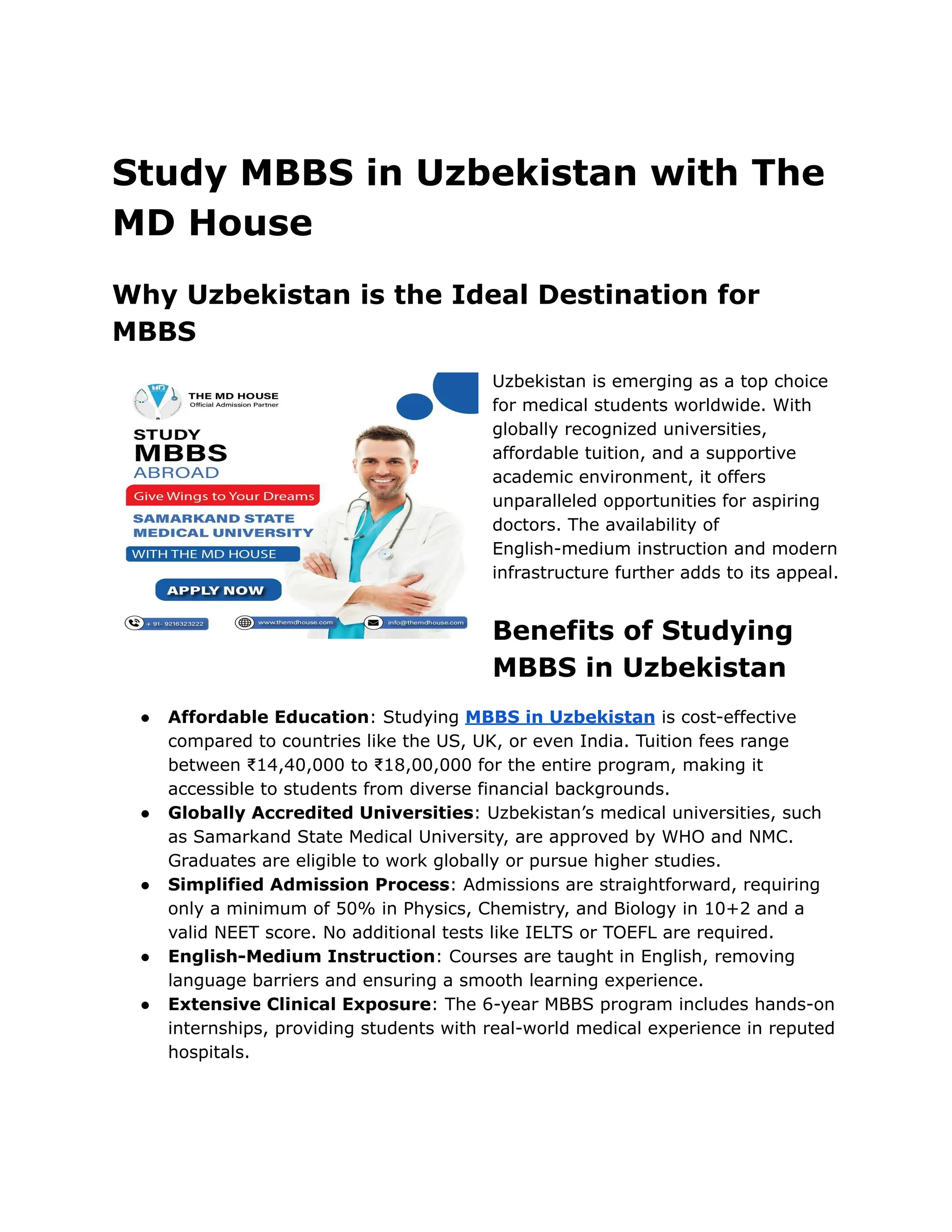 Study MBBS In Uzbekistan With MD House India | PDF
