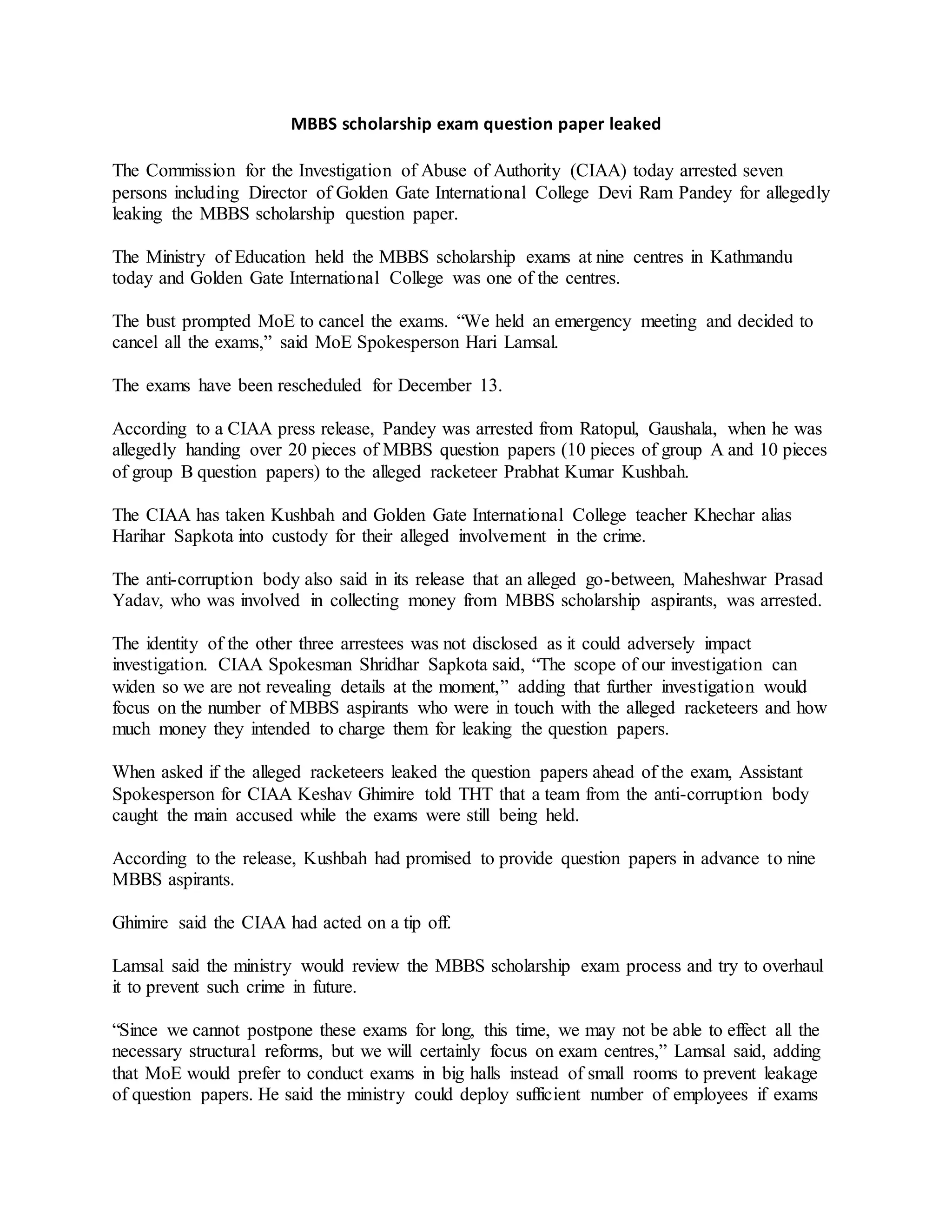 MBBS scholarship exam question paper leaked. | PDF