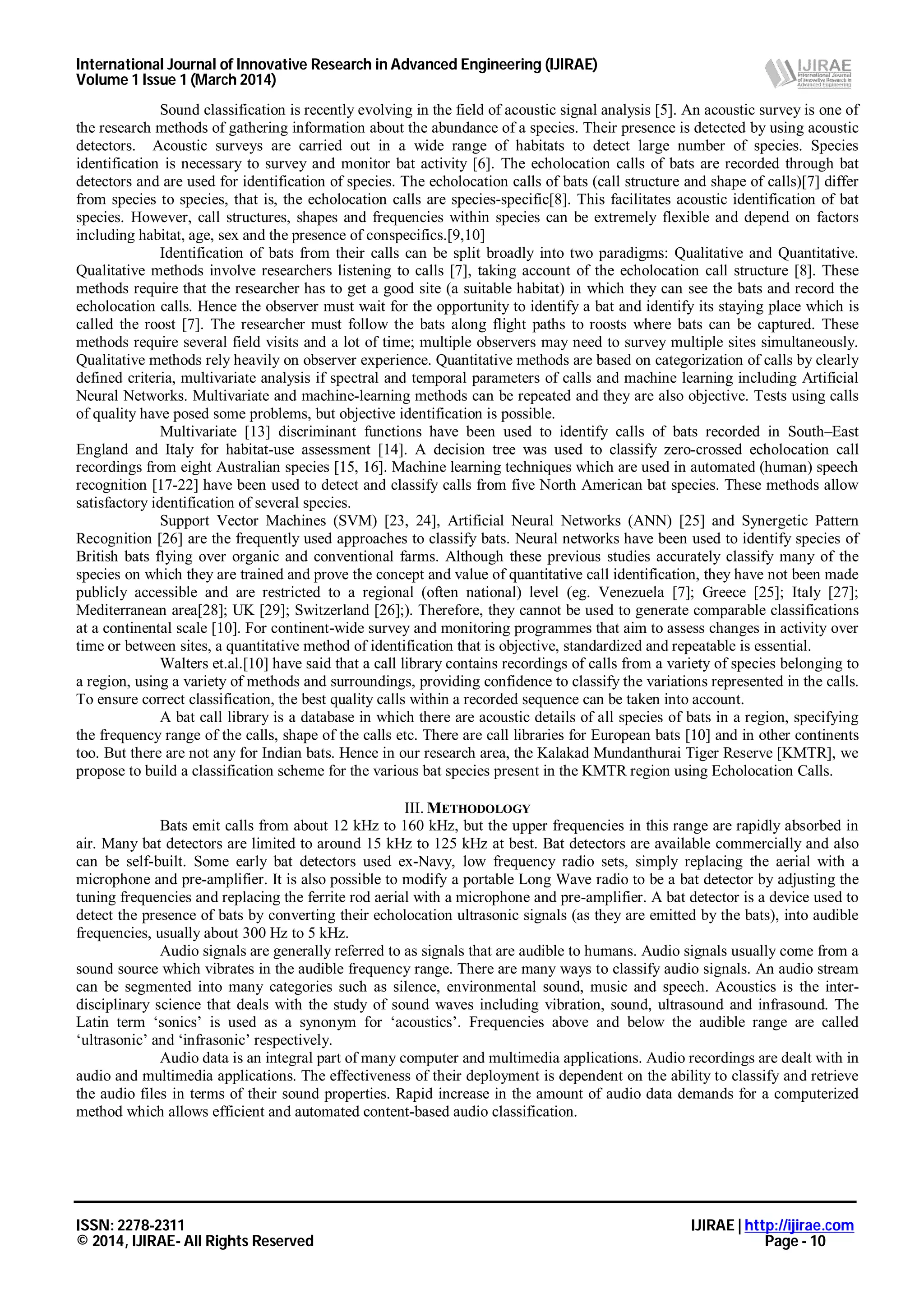 Bat Classification based on Perceptual, Spectrum and Cepstral Features in Kalakad Mundanthurai ...