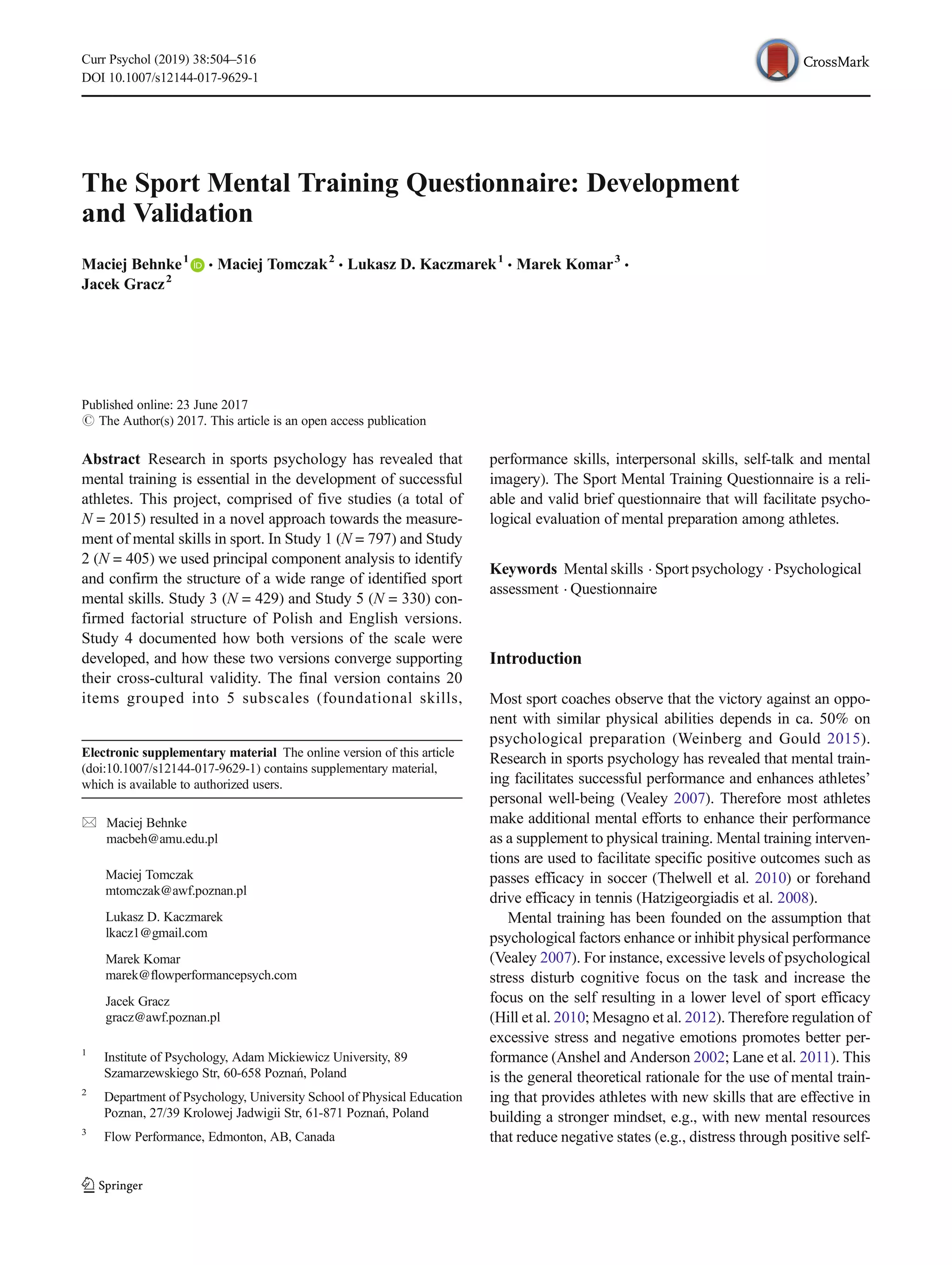 The Sport Mental Training Questionnaire: Development and Validation | PDF