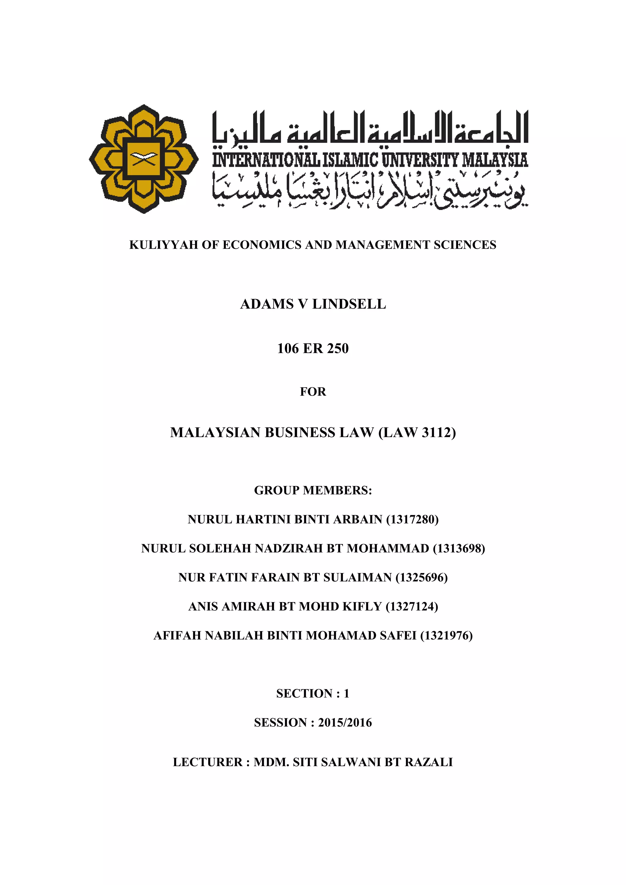 Case Study: Adam vs Lindell (Malaysian Business Law) | PDF