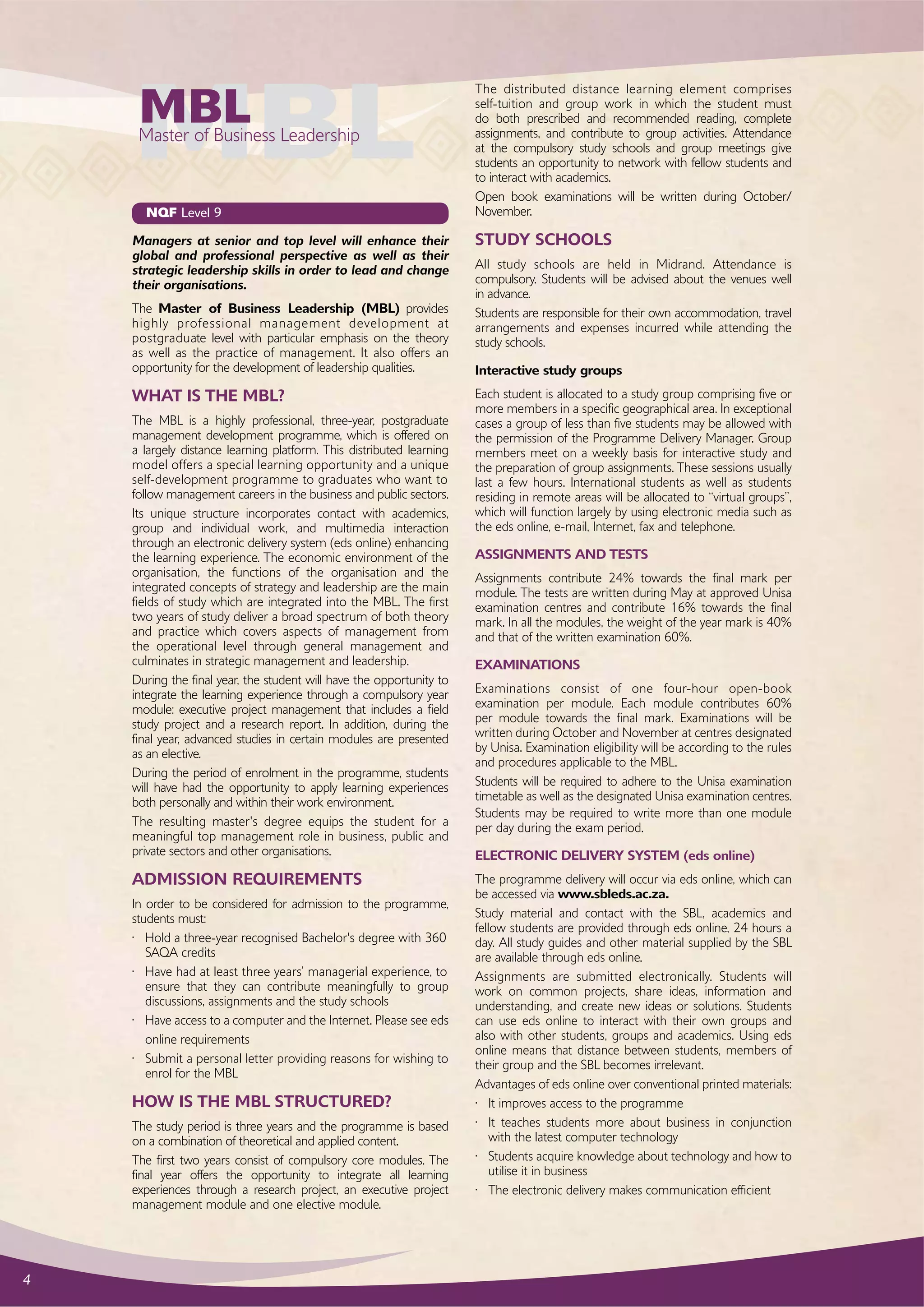 MBL (Nqf9) Unisa SBL Brochure | PDF