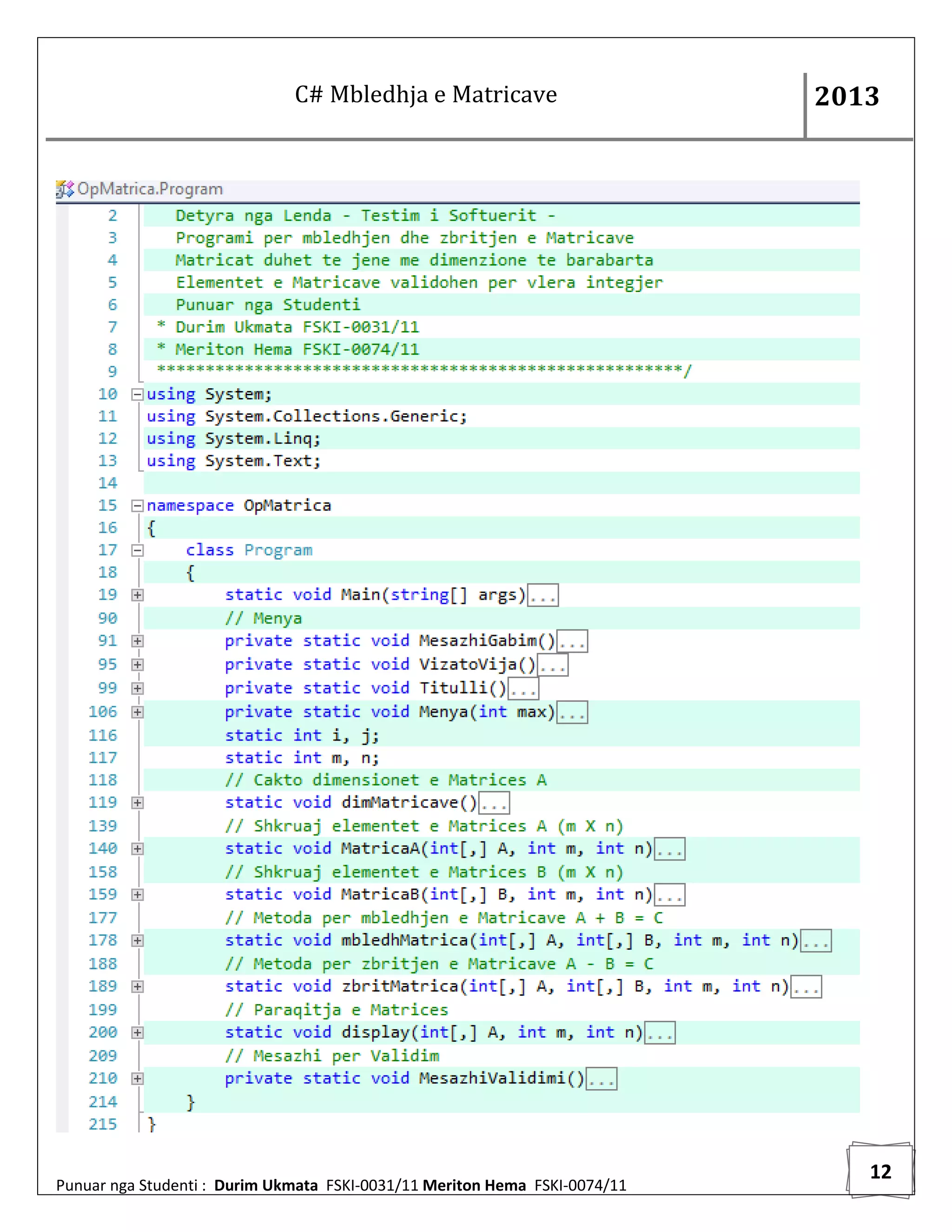Mbledhja e matricave c# | PDF