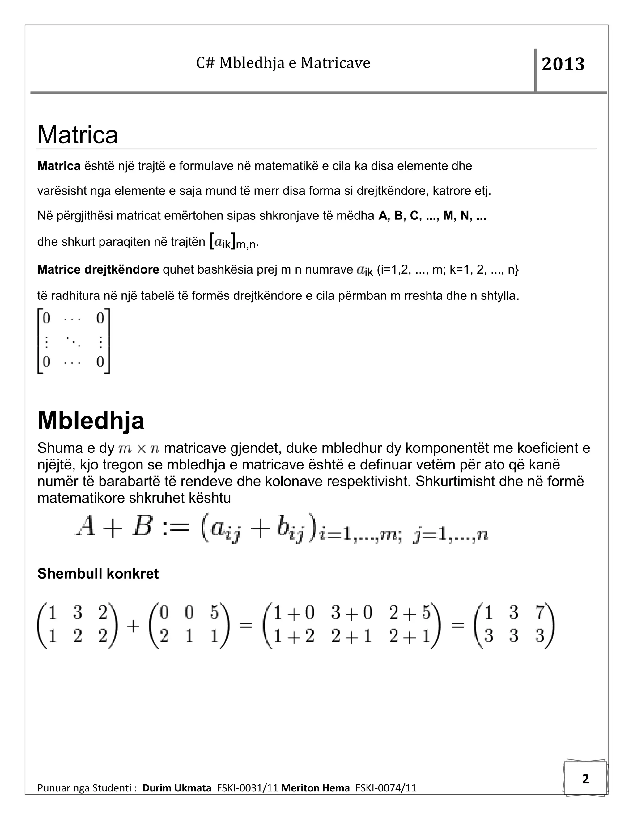 Mbledhja e matricave c# | PDF