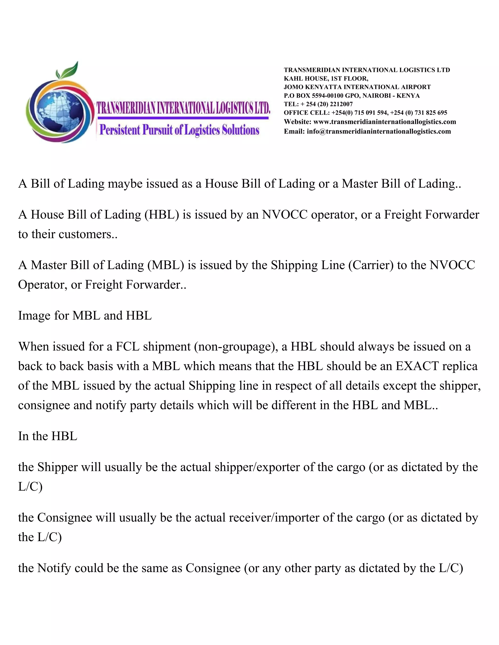 DIFFERENCE BETWEEN HOUSE BILL OF LADING AND MASTER BILL OF LADING | DOC