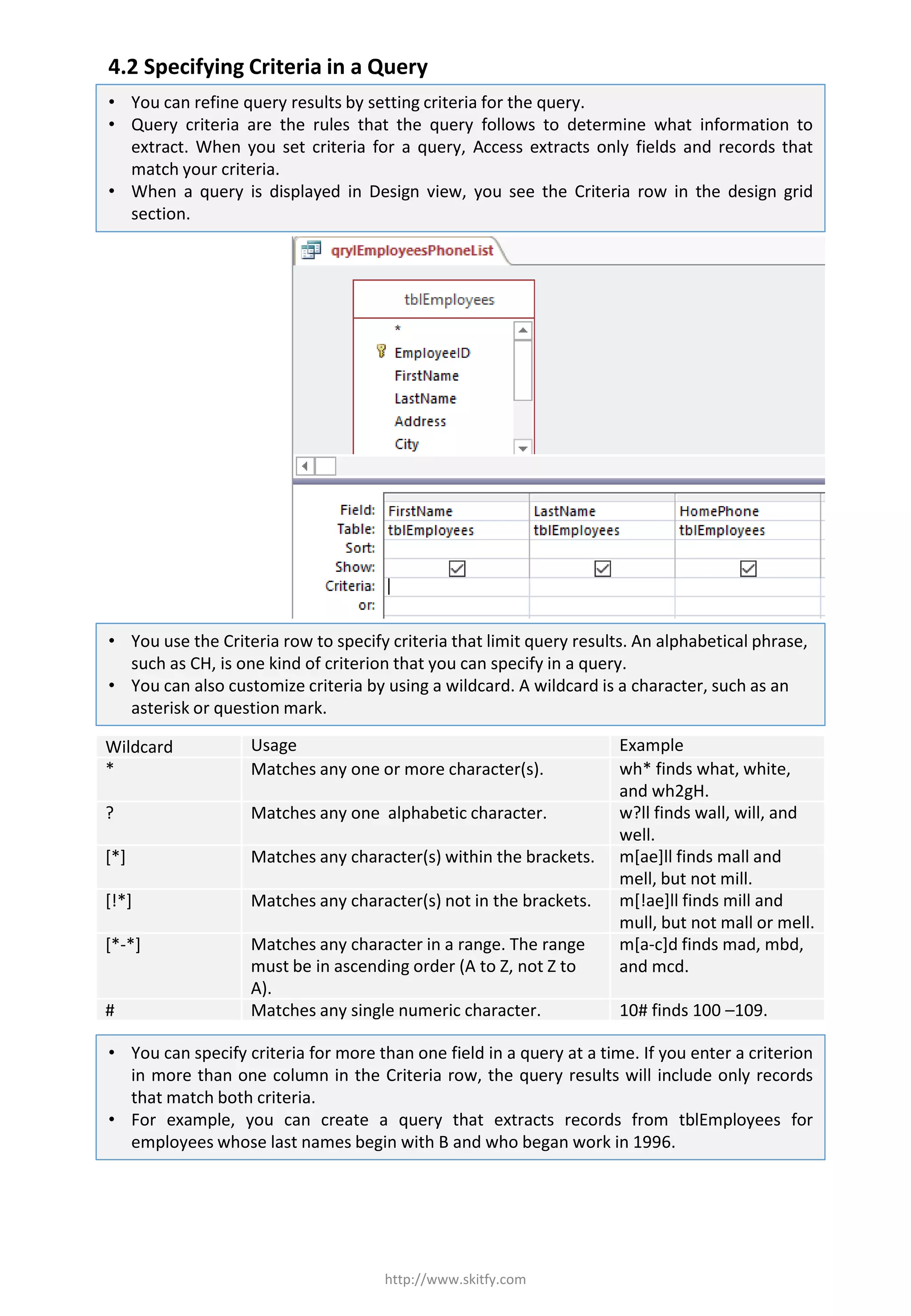 4.2 Specifying Criteria in a Query | PDF | Databases | Computer Software and Applications