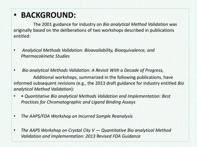 bio analytical method validation usfda guidlines | PPTX | Pharmaceutical Industry | Industries