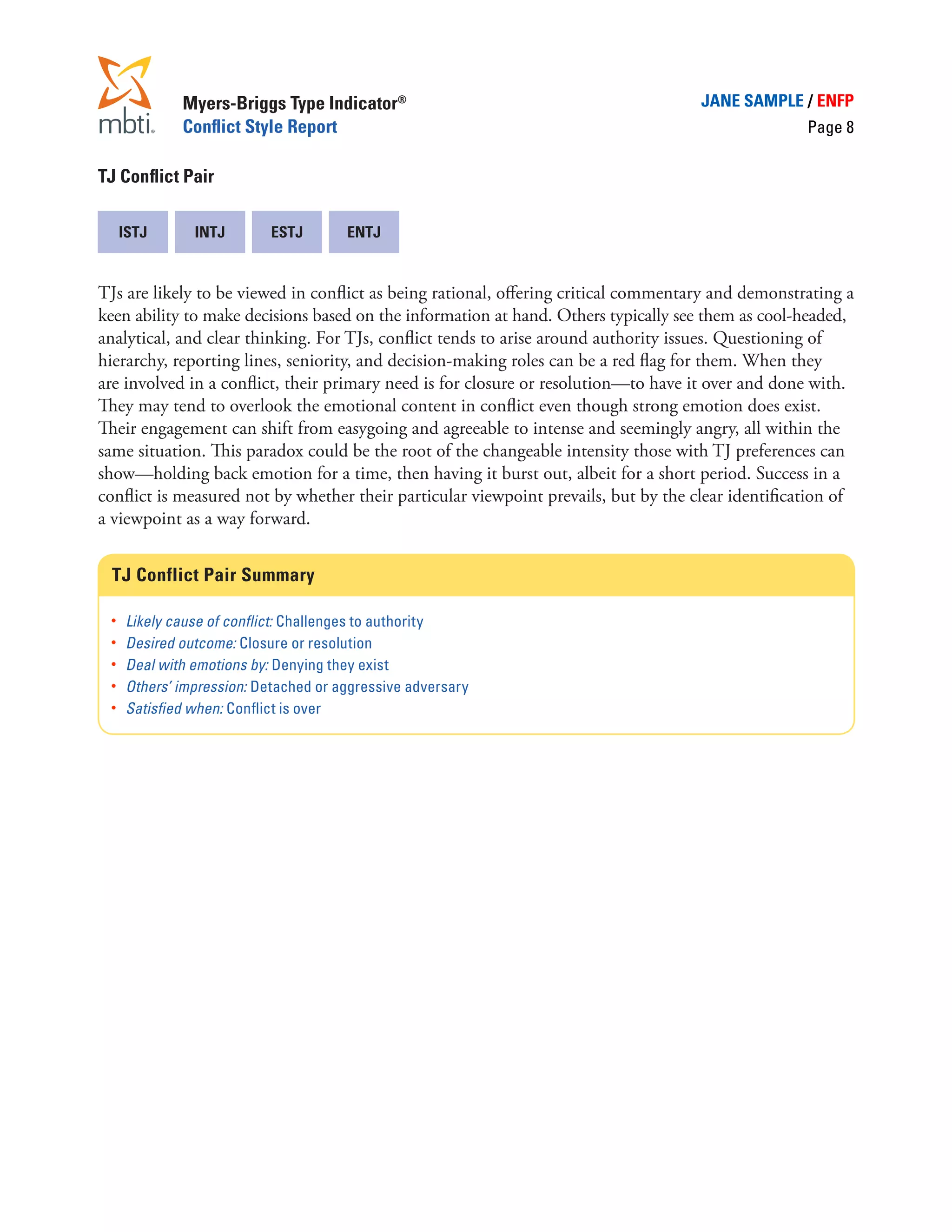 MBTI Conflict Style Report | PDF