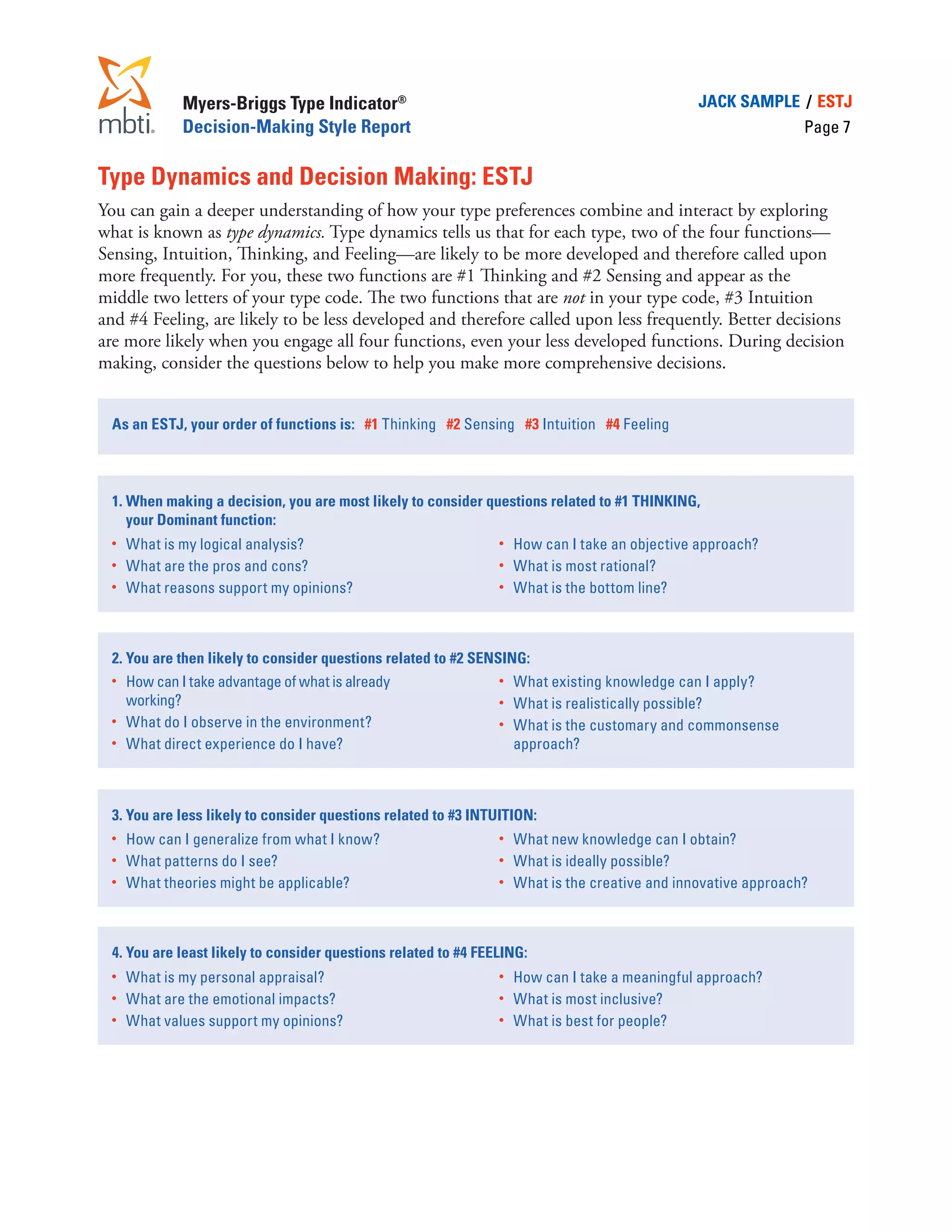 Mbti decision making style report | PDF