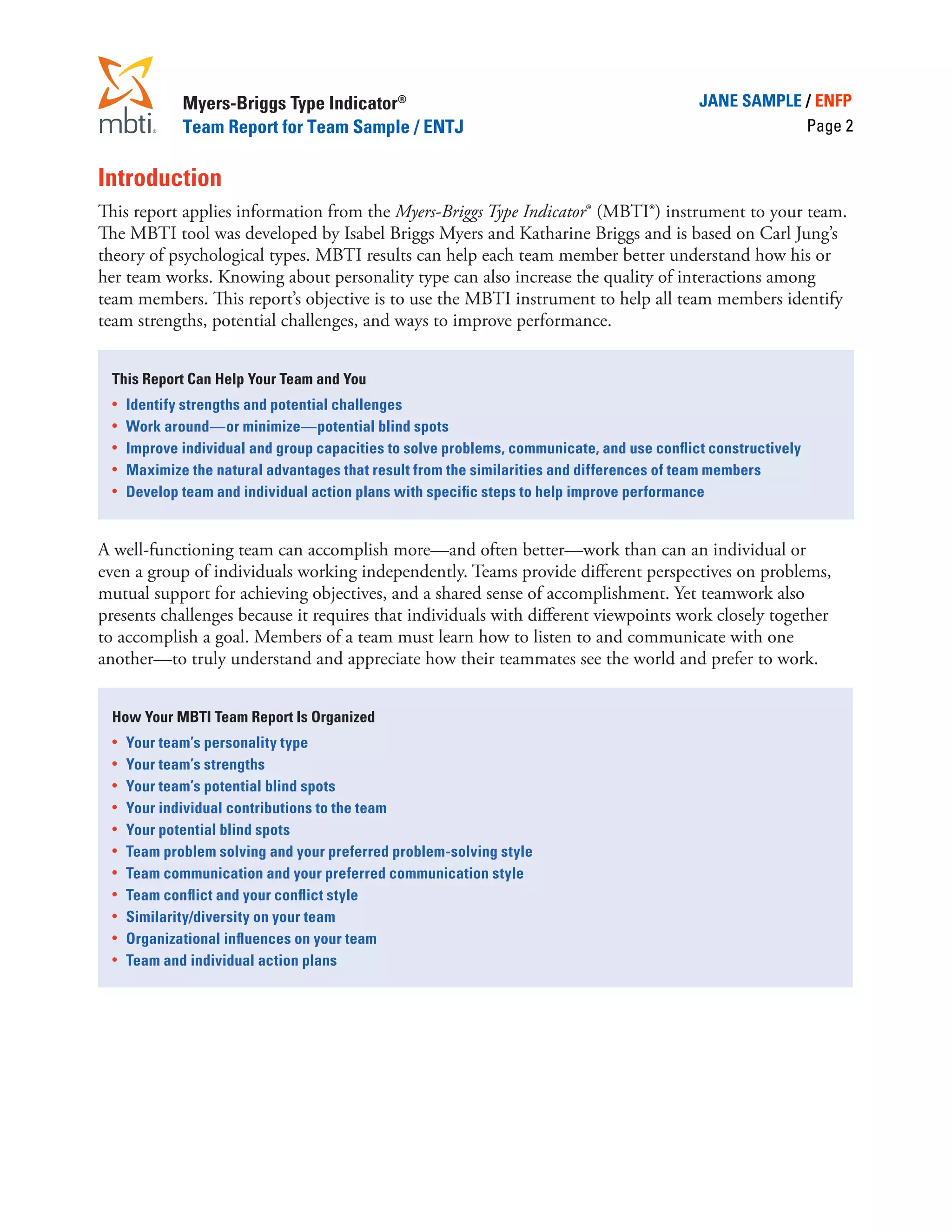 MBTI® Team Report - Sample | PDF