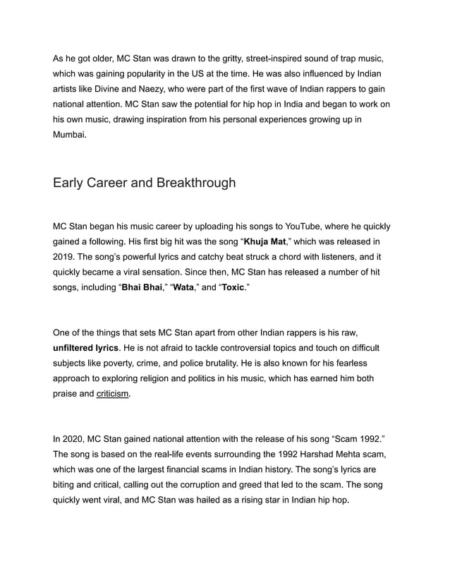 MC Stan: The Rise of a Fearless Indian Rapper | PDF