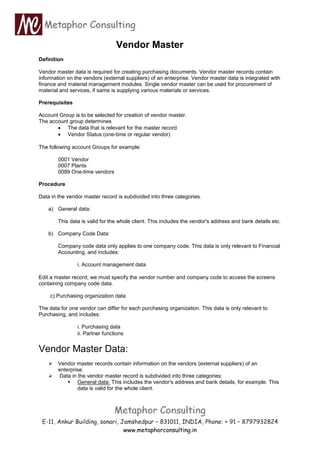 Vendor Master Training Provides by Metaphor Consulting | PDF