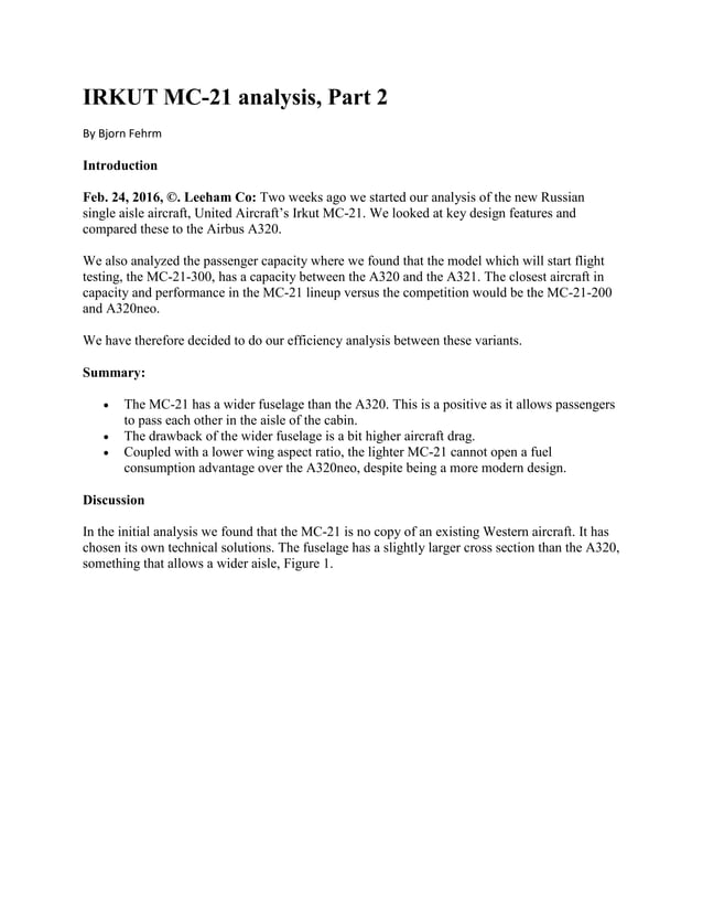Mc21 a320 comparison leeham | PDF