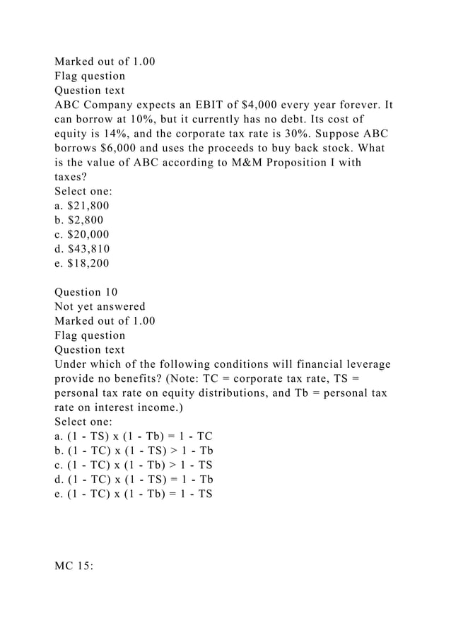 MC 7Question 1Not yet answeredMarked out of 1.00Flag .docx | Stocks and ...