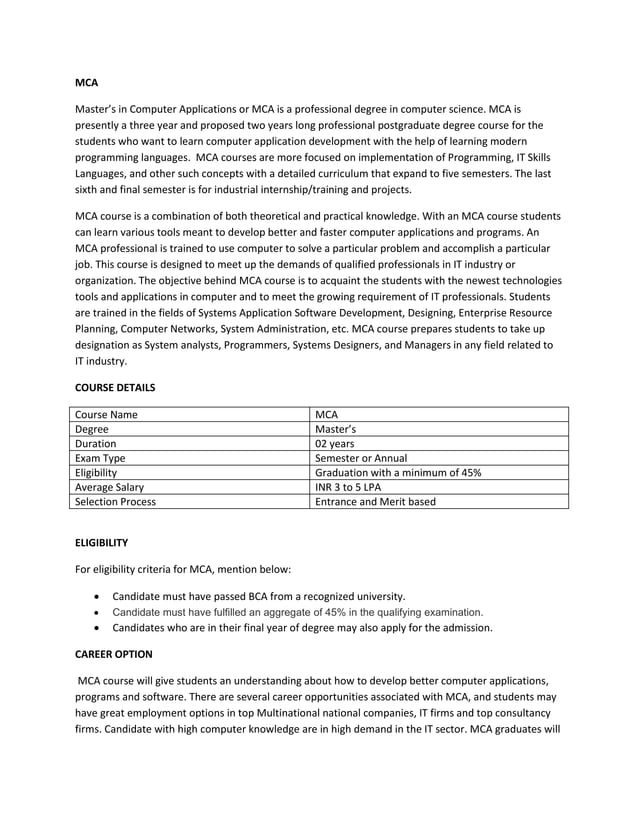 MASTER IN COMPUTER APPLICATIONS (MCA) , ADMISSION, ELIGIBILITY, FEE ...