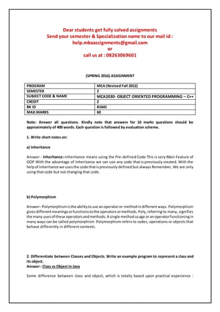 Mca2030 object oriented programming – c++ | DOCX | Programming Languages | Computing