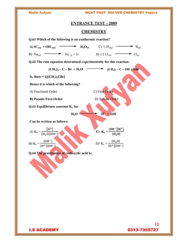 MCAT CHEMISTRY SOLVED PAST PAPERS (2008-2016) - Malik Xufyan | PDF ...